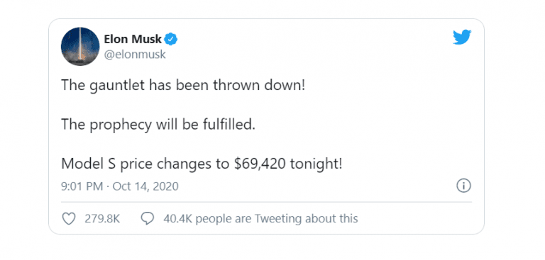 Elon Musk verlaagt prijs nieuwe Tesla Model S naar $69.420
